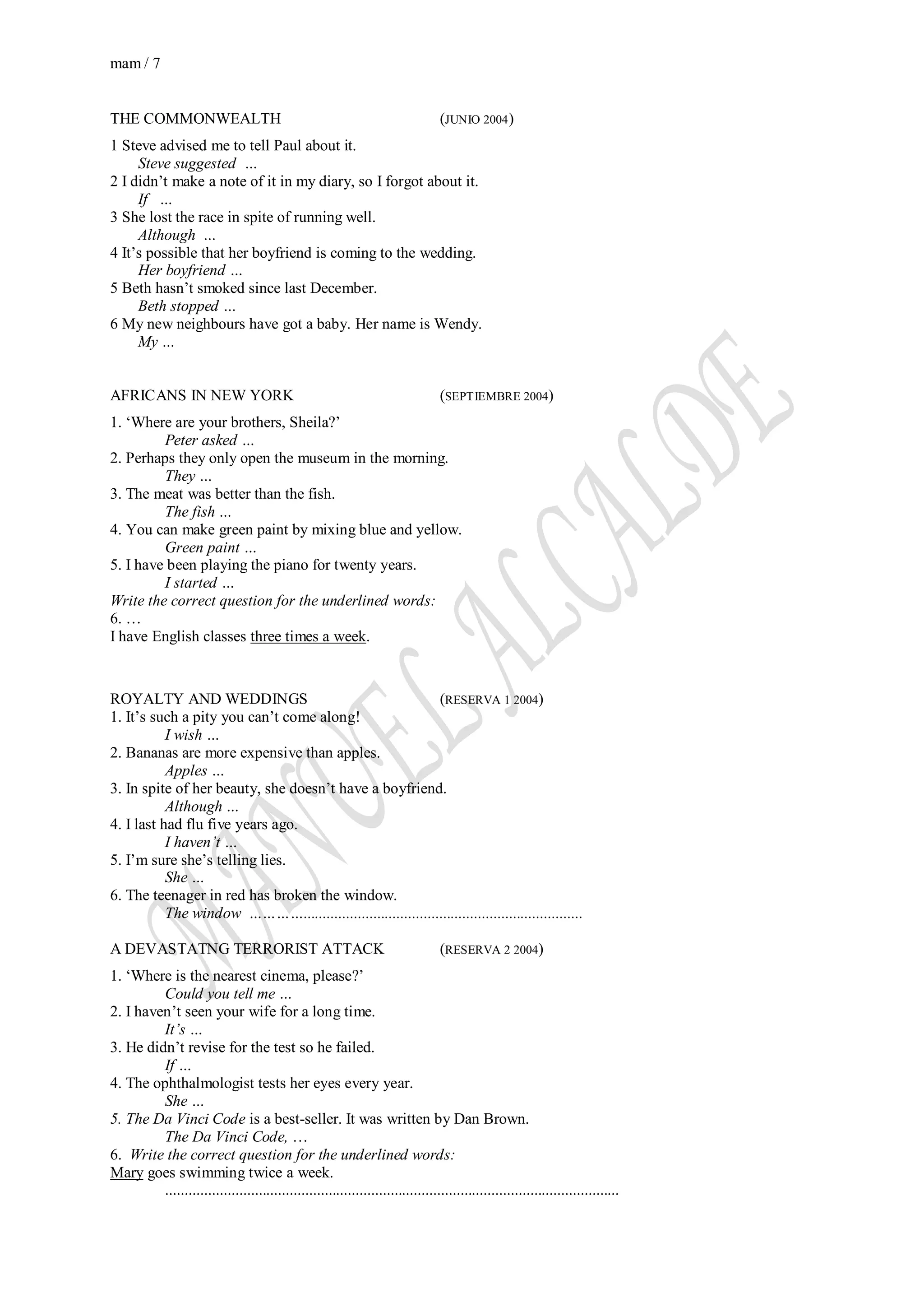 Use of english exercises appeared in pau tests .rephrasing | PDF