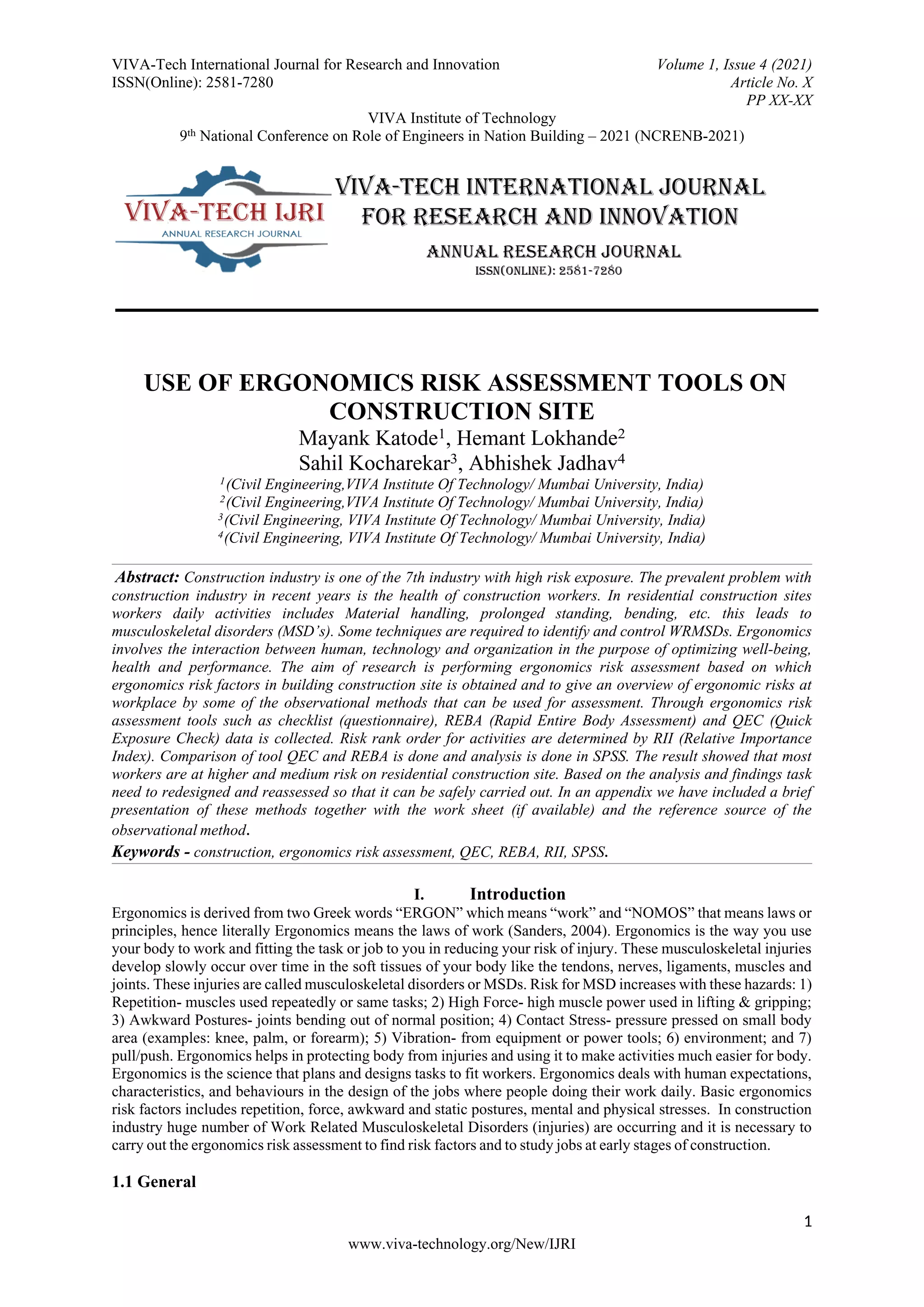 Use of ergonomics risk assessment tools on construction site | PDF
