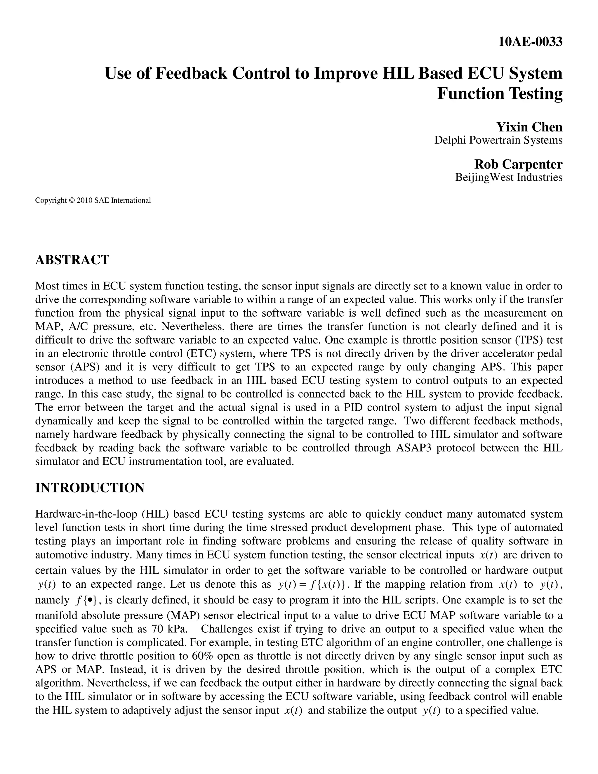 Use Of Feedback Control To Improve Hil Based Ecu System Function