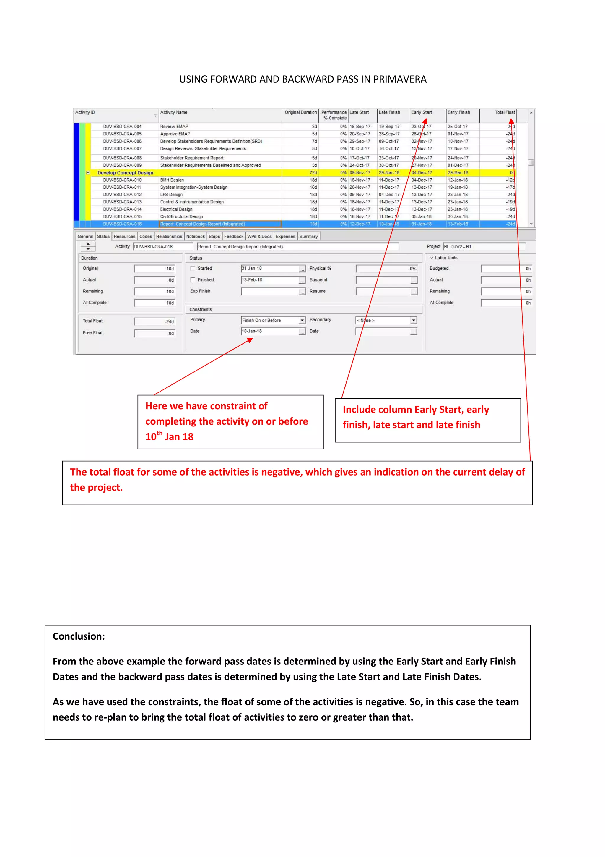 Use of forward pass and backward pass in primavera | PDF