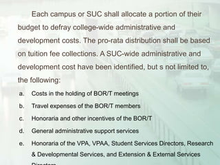 Use of funds and budget allocations in state universities and colleges ...
