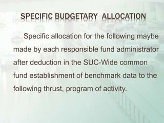 Use of funds and budget allocations in state universities and colleges ...