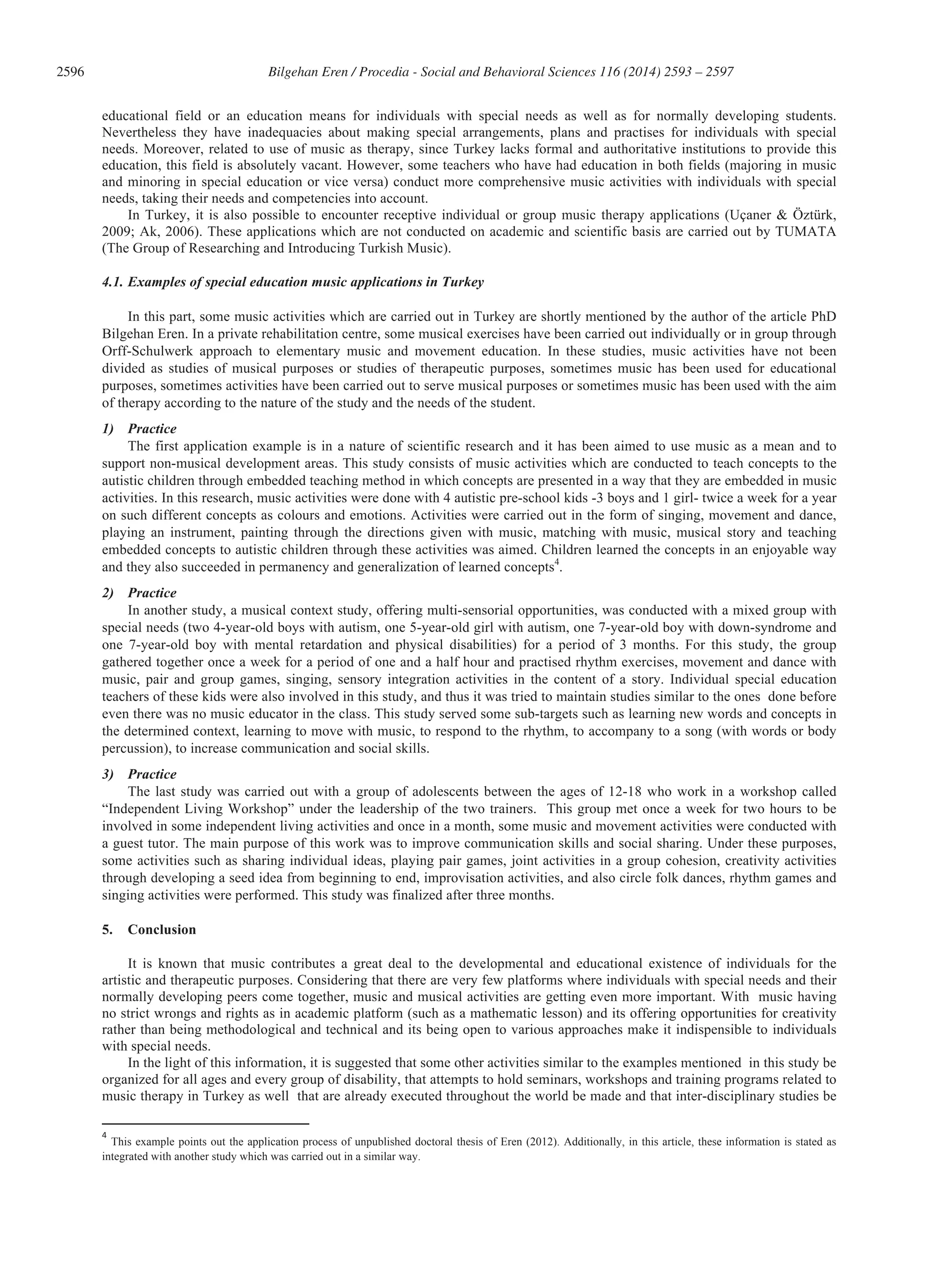 Use of music in special education and application examples from turkey ...