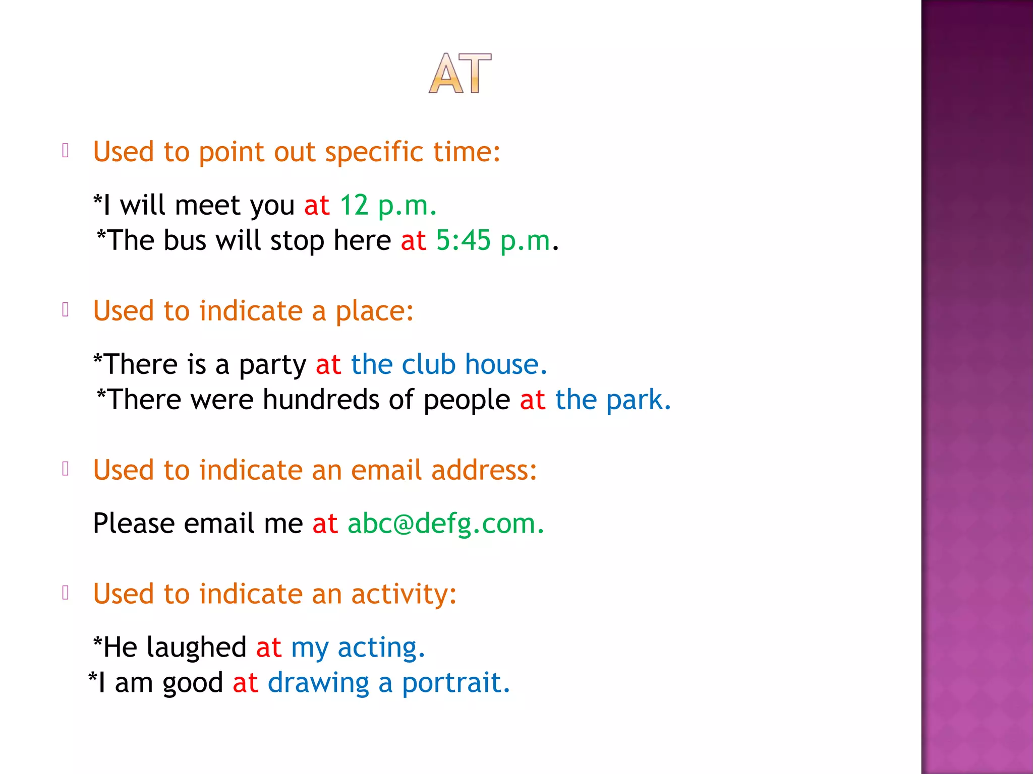 Use of prepositions "In" , "On" and "At". | PPT