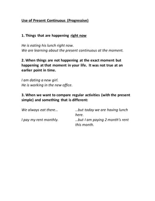 Use of Present Continuous | DOCX | Food & Drink