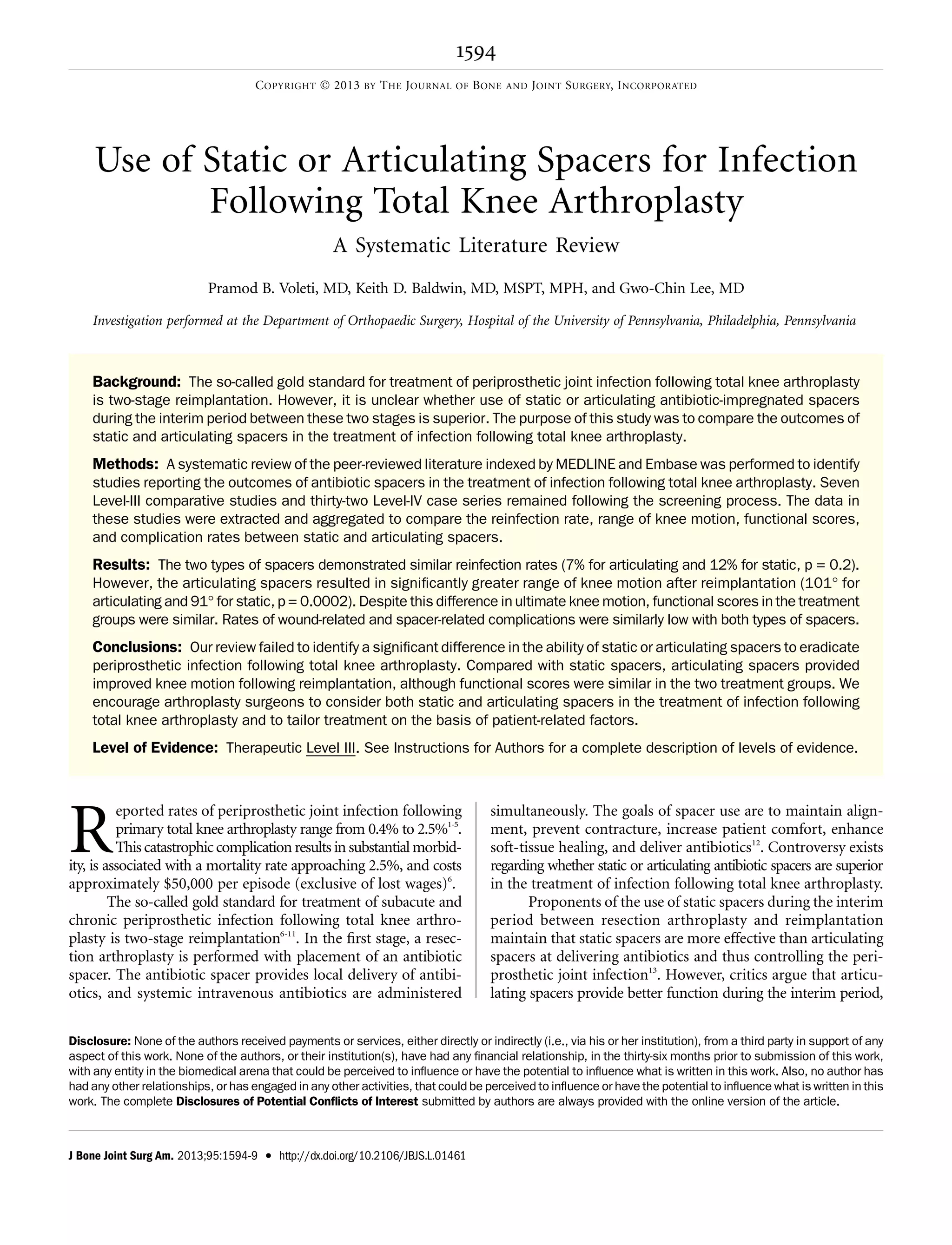 Use of static or articulating spacers for infection | PDF