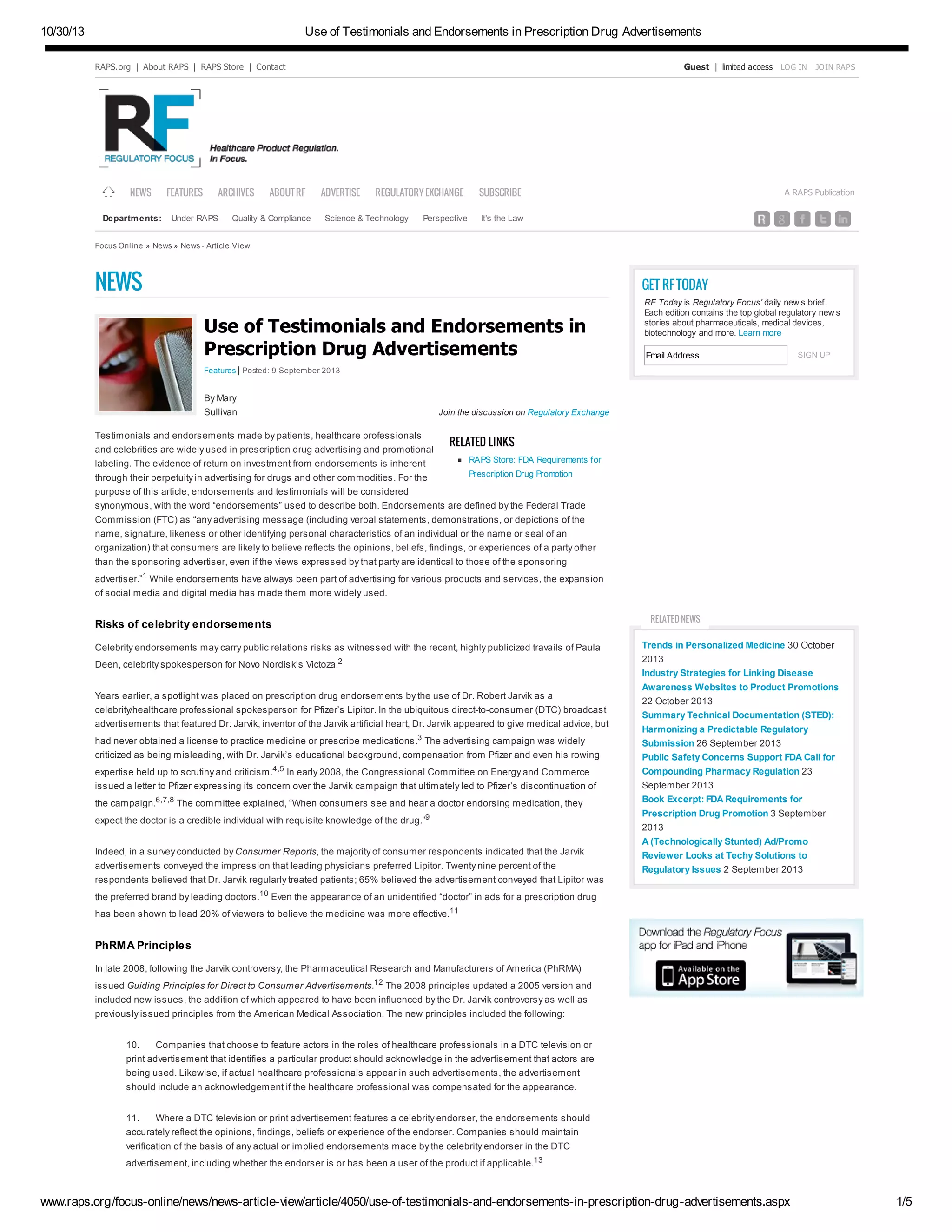 Use of testimonials and endorsements in prescription drug ...