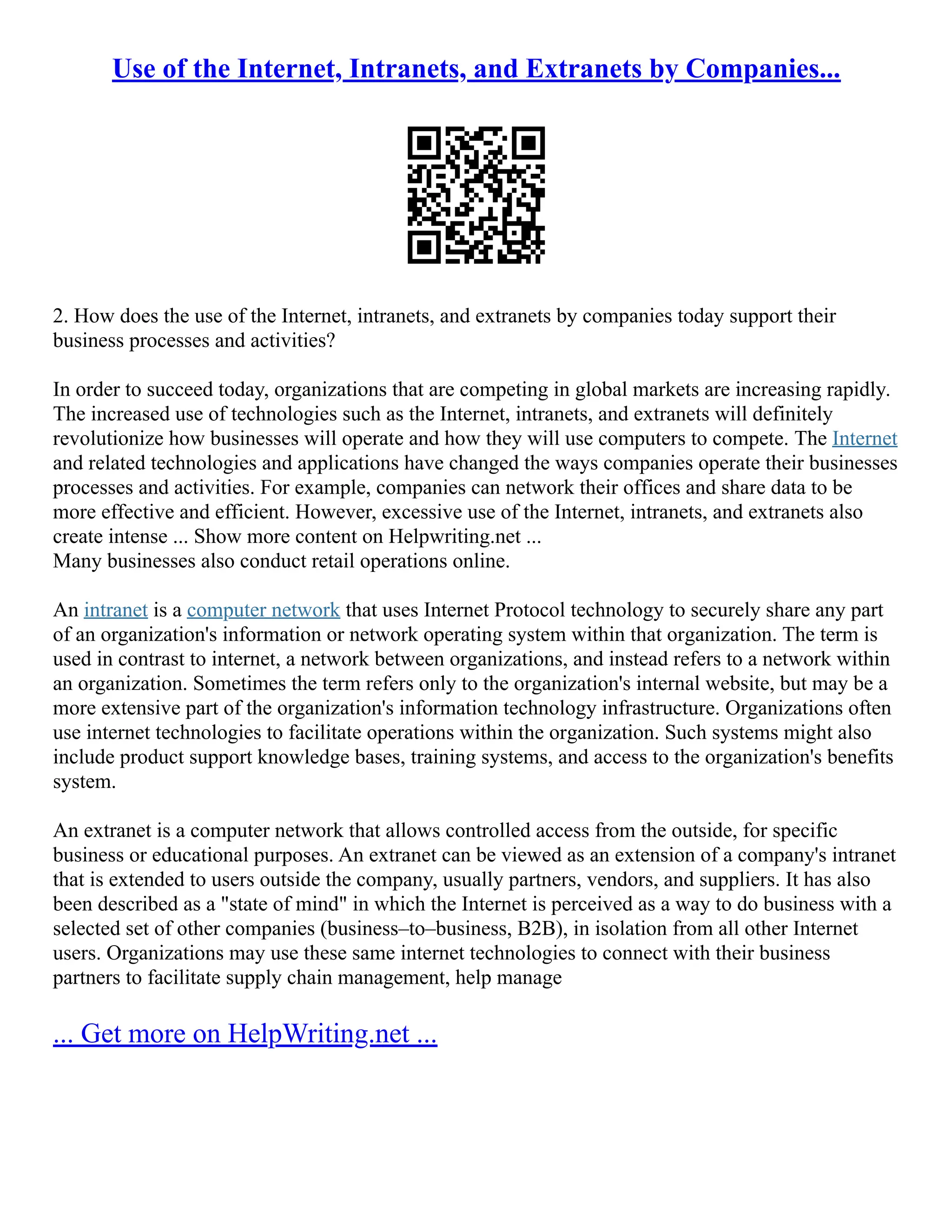 Use Of The Internet, Intranets, And Extranets By Companies... | PDF