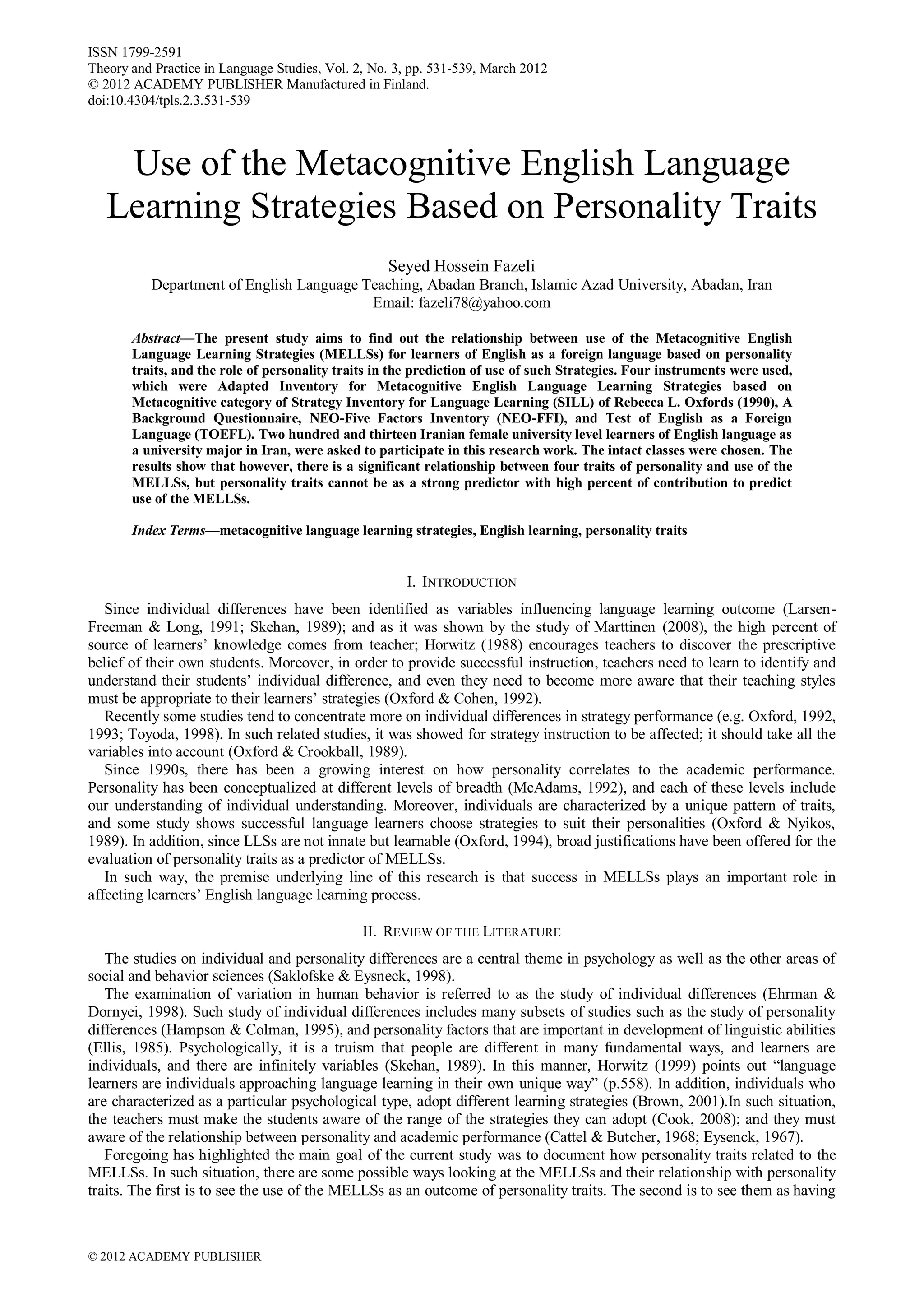 Use of the metacognitive english language learning strategies based on ...