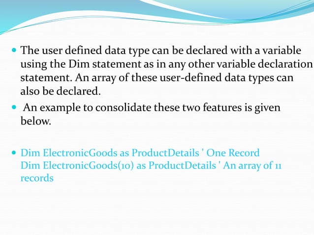 User Define Data Type In Visual Basic Ppt