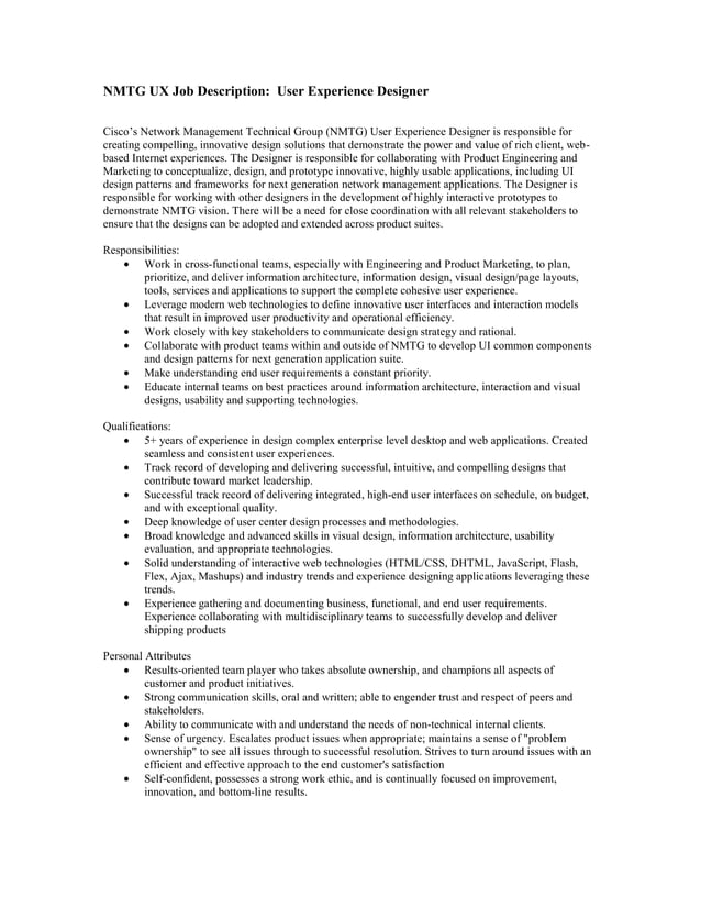 User Experience Designer Job Description | DOCX