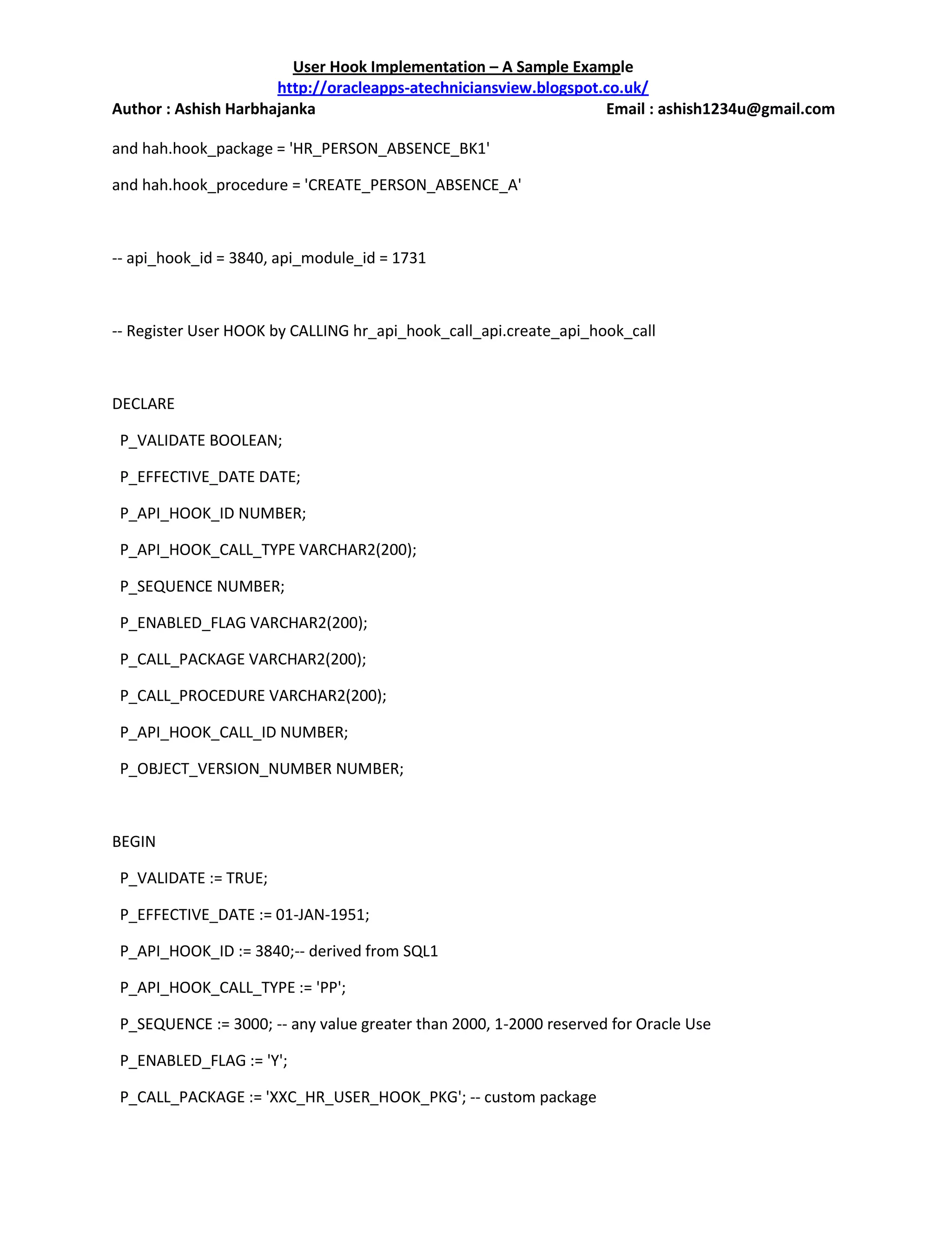 User hook implemantation sample example | PDF