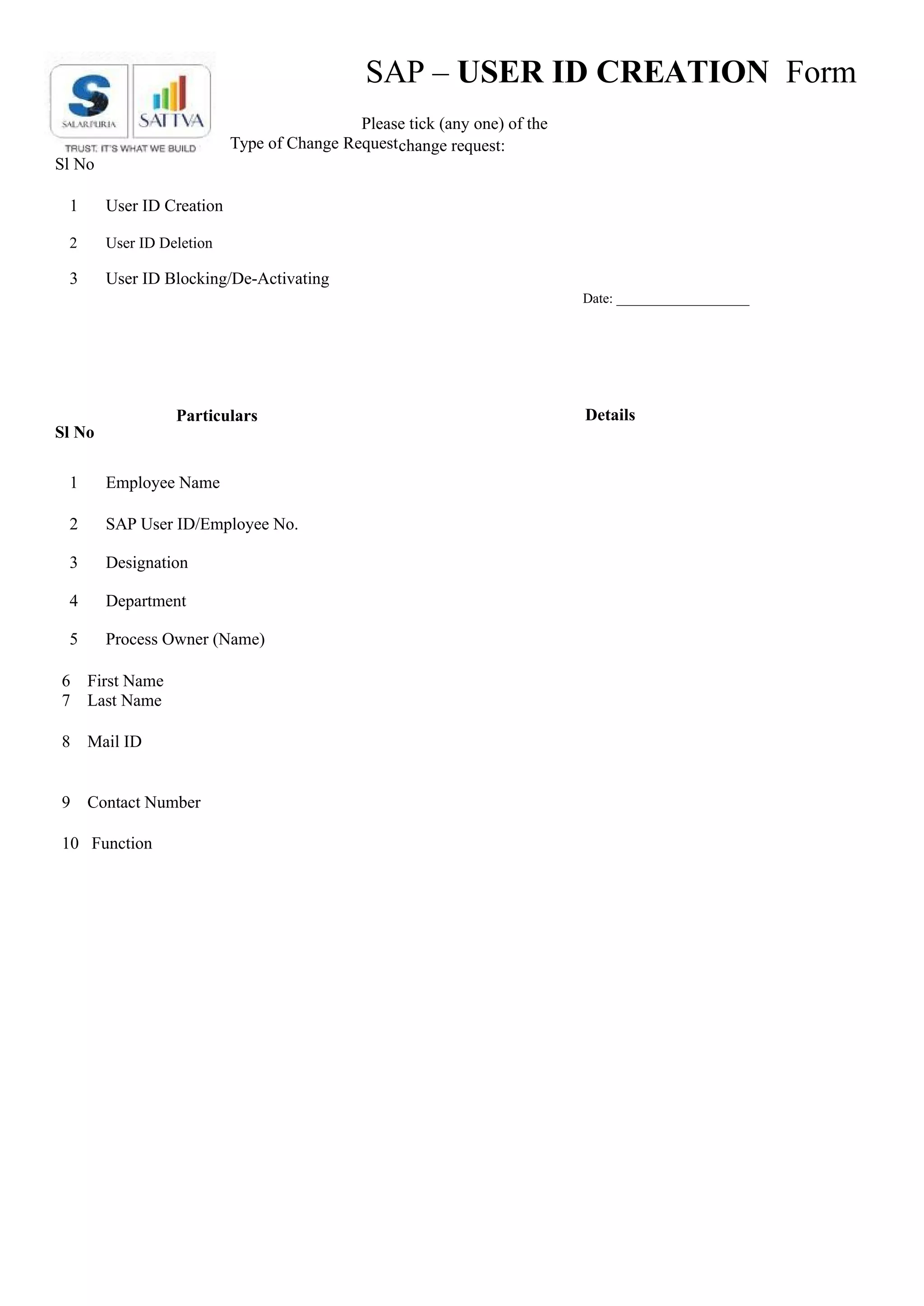 User id creation form | RTF