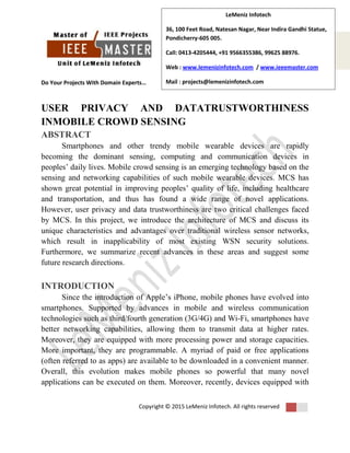 User privacy and data trustworthiness in mobile crowd sensing | PDF