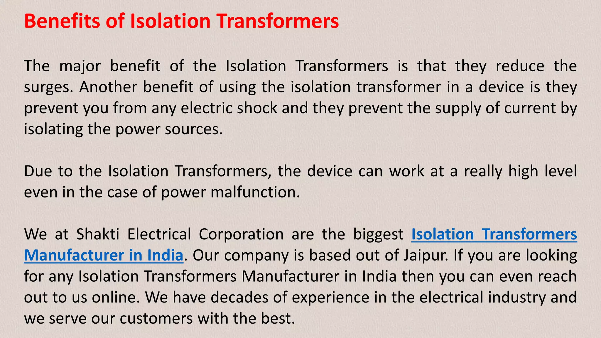 Uses And Benefits Of Isolation Transformer Pptx