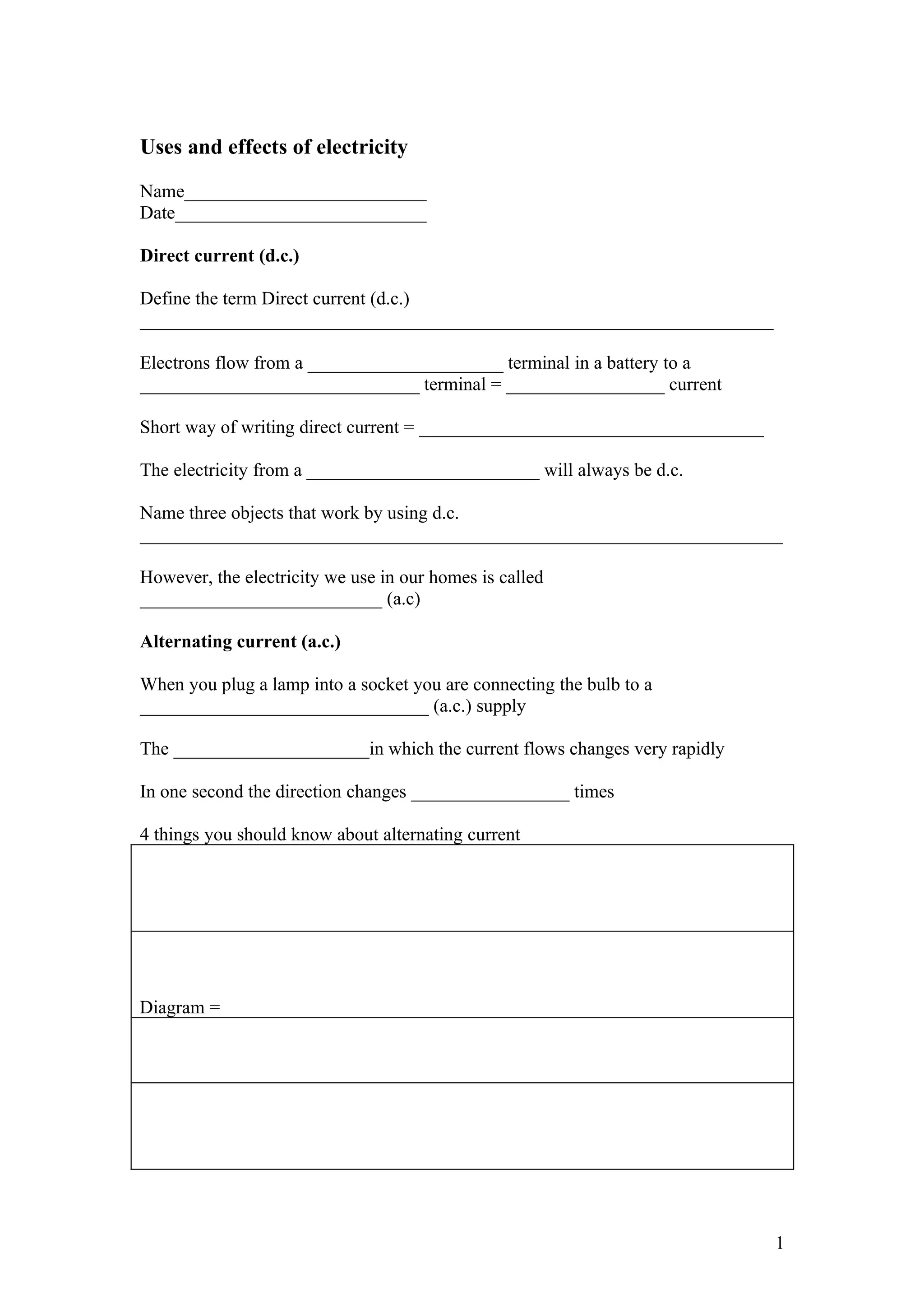 Uses and effects of electricity worksheet | PDF