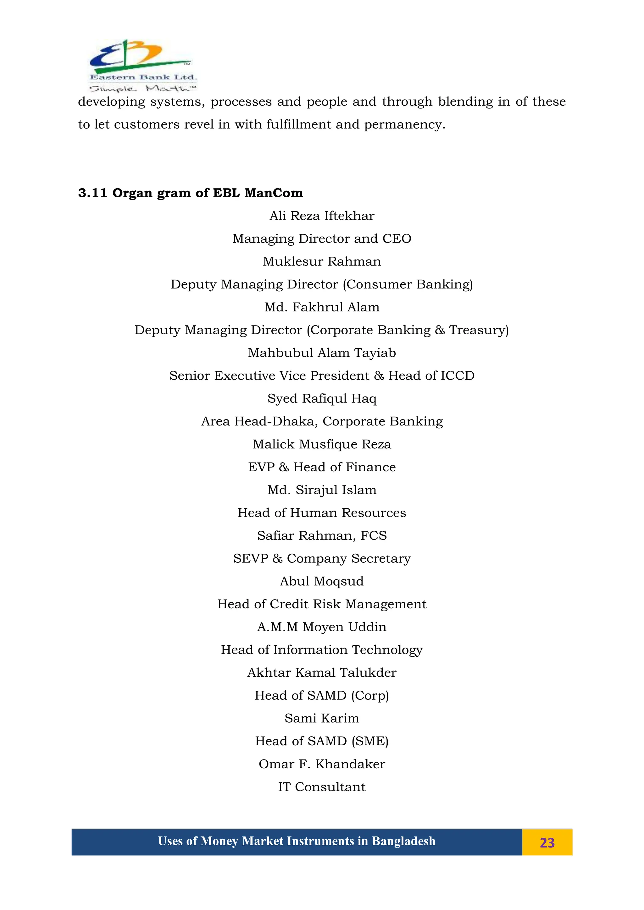 Uses of money market instrument in Bangladesh -Eastern Bank Limited ...