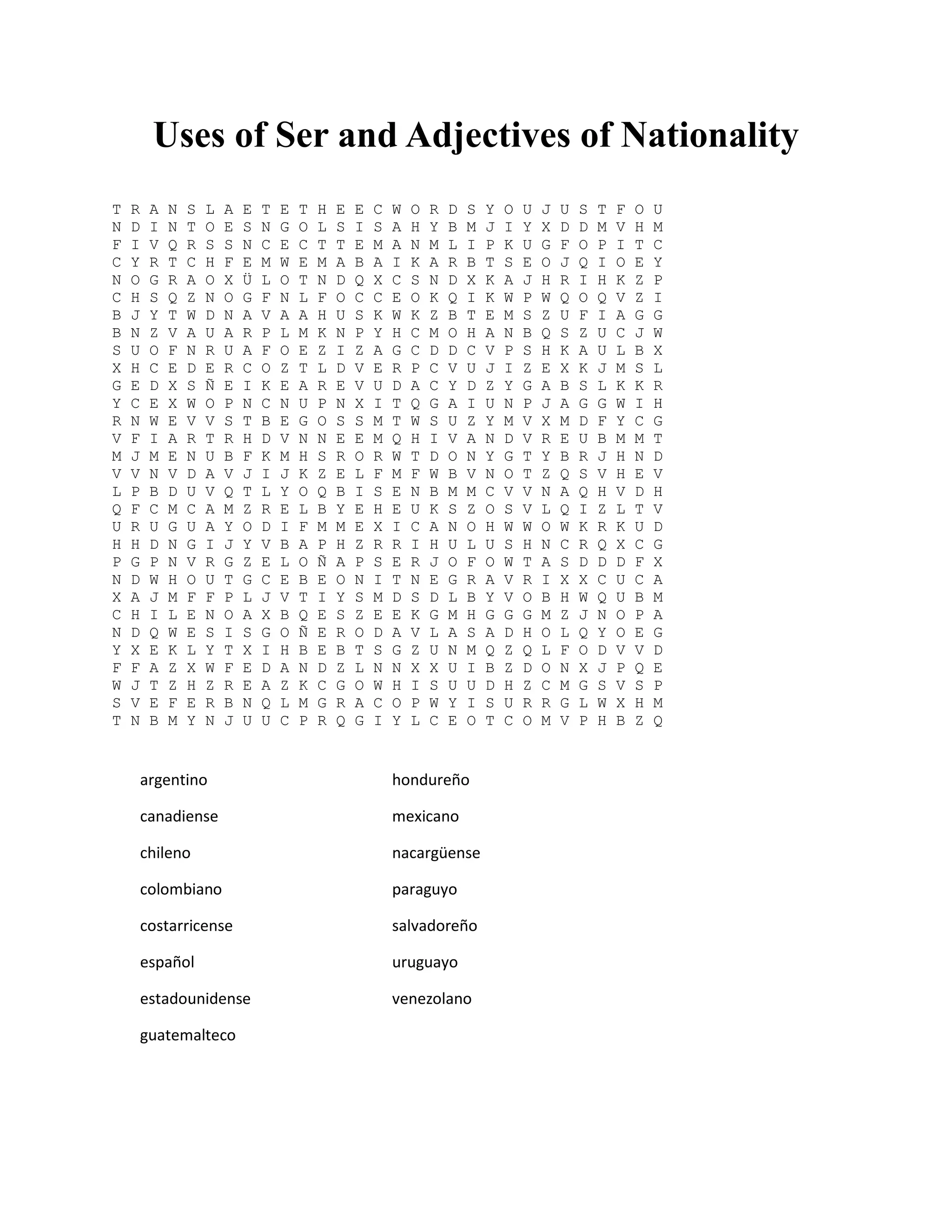 Uses of ser and adjectives of nationality | DOCX