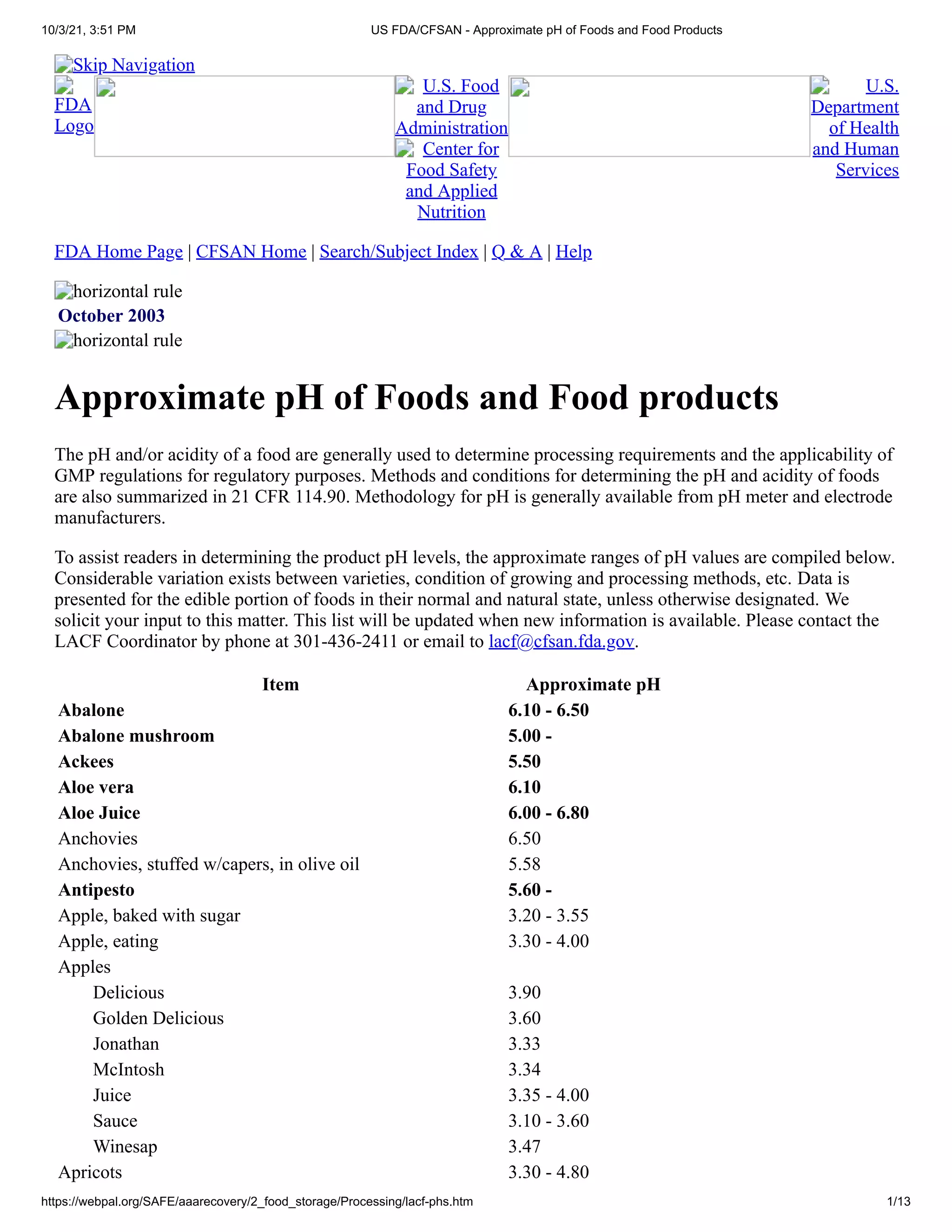 Approximate pH of Foods and Food products | PDF