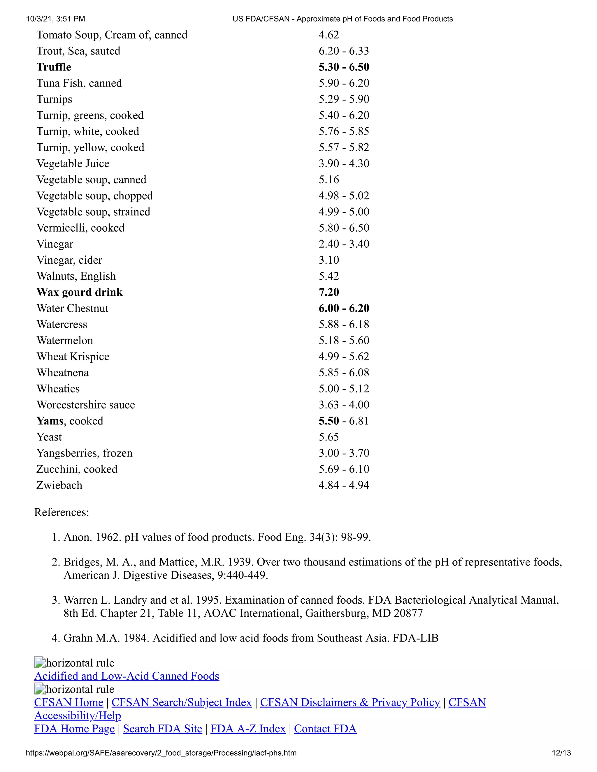 Approximate pH of Foods and Food products | PDF