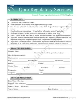 US FDA Cosmetic Product Ingredient Statements Filing_CPIS_Form_Qpro ...