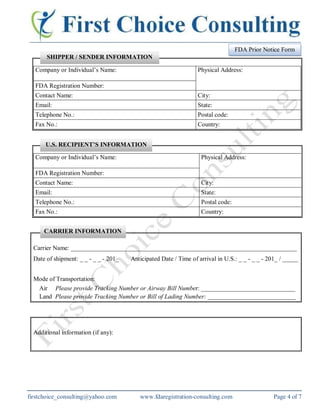 US FDA Prior Notice Form_First Choice Consulting Services | PDF