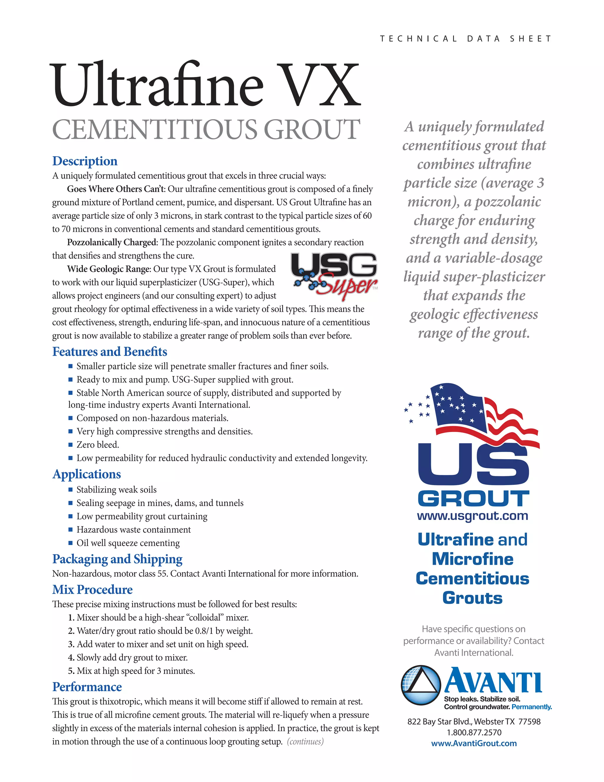 US Grout Ultrafine Cementitious Grout Type VX— Data Sheet | PDF
