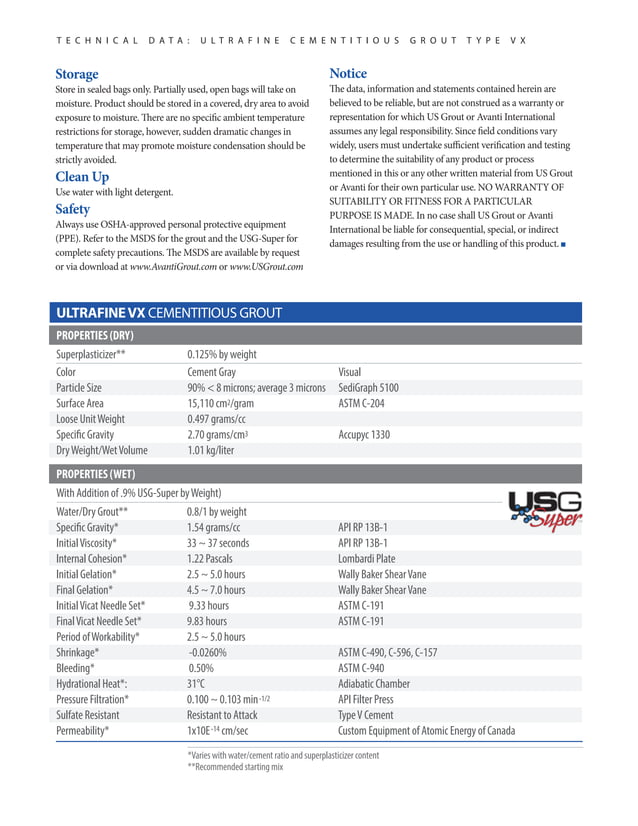 US Grout Ultrafine Cementitious Grout Type VX— Data Sheet | PDF