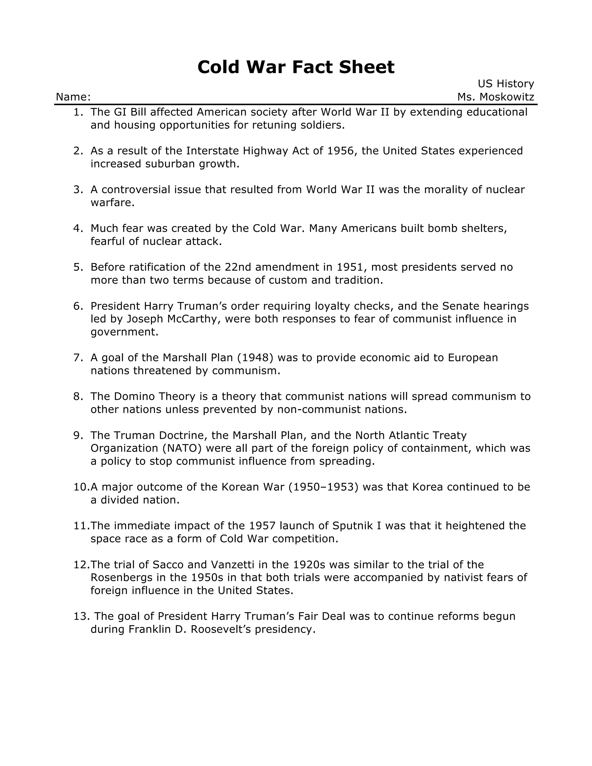 1950s + Cold War Fact Sheet | PDF