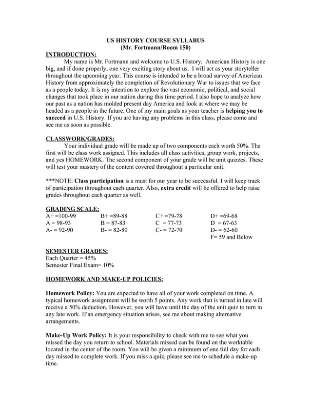 Us history course syllabus | PDF