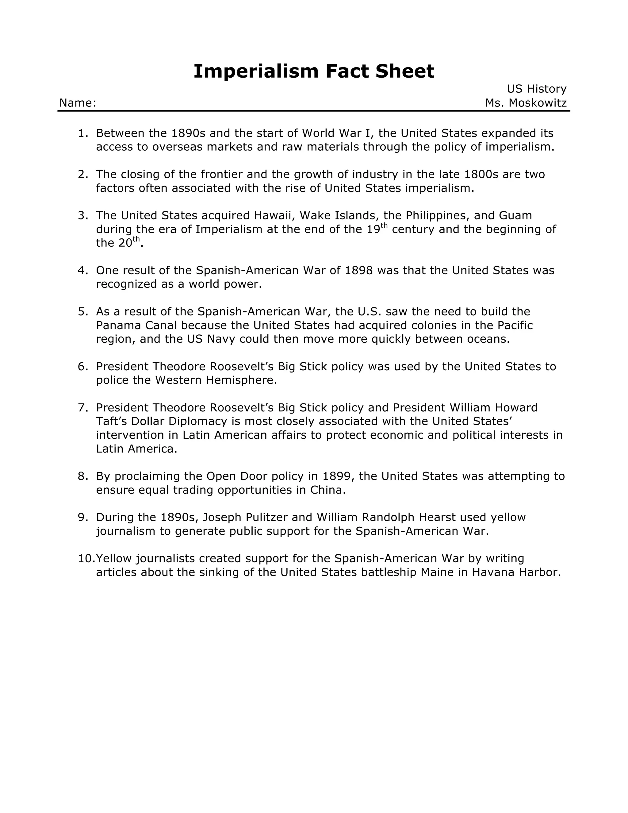 Imperialism Fact Sheet | PDF Imperialism Fact Sheet | PDF