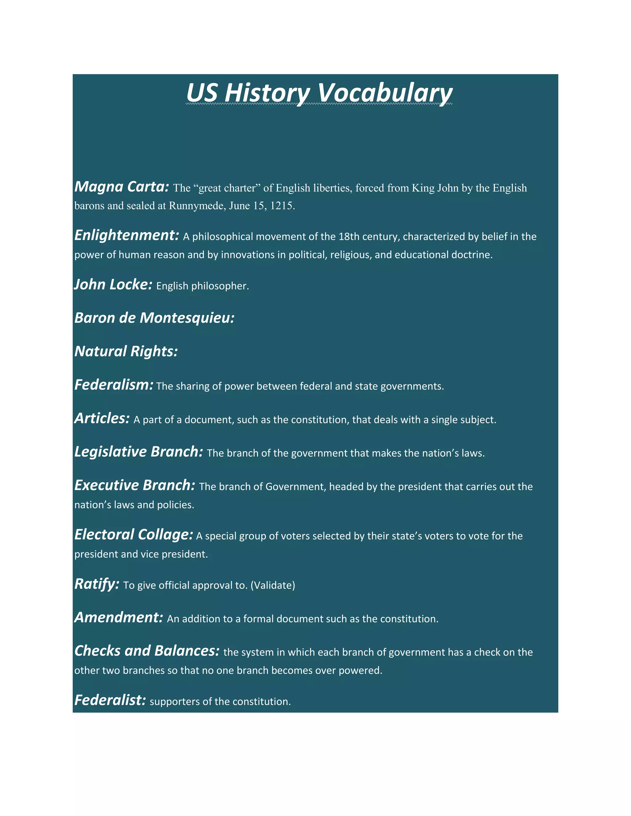Us history vocabulary | DOCX