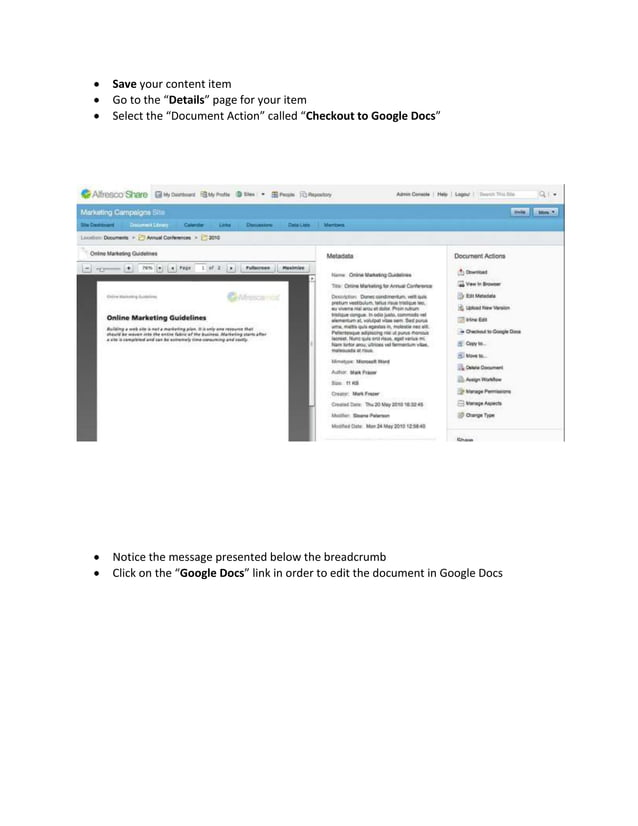Using Google Docs with Alfresco.docx | Desktop Publishing | Computer Software and Applications