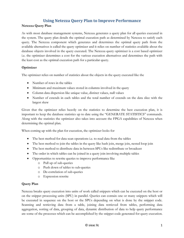 Using Netezza Query Plan to Improve Performace | PDF