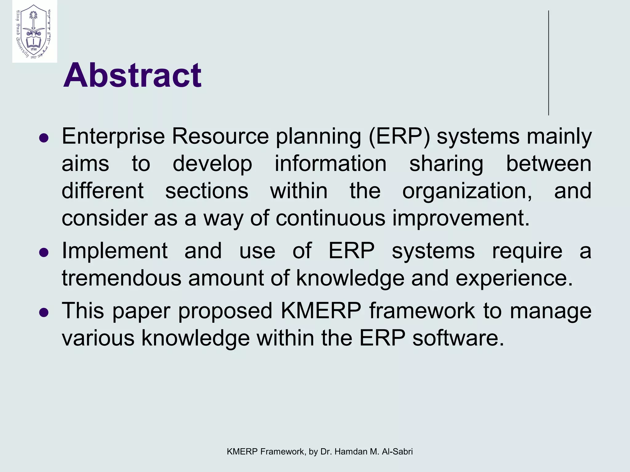 Using a kmerp framework to enhance enterprise resource planning (erp ...