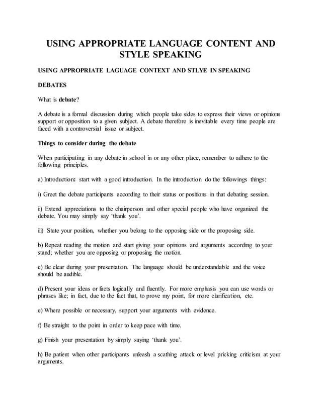 Using appropriate language content and style speaking | DOCX