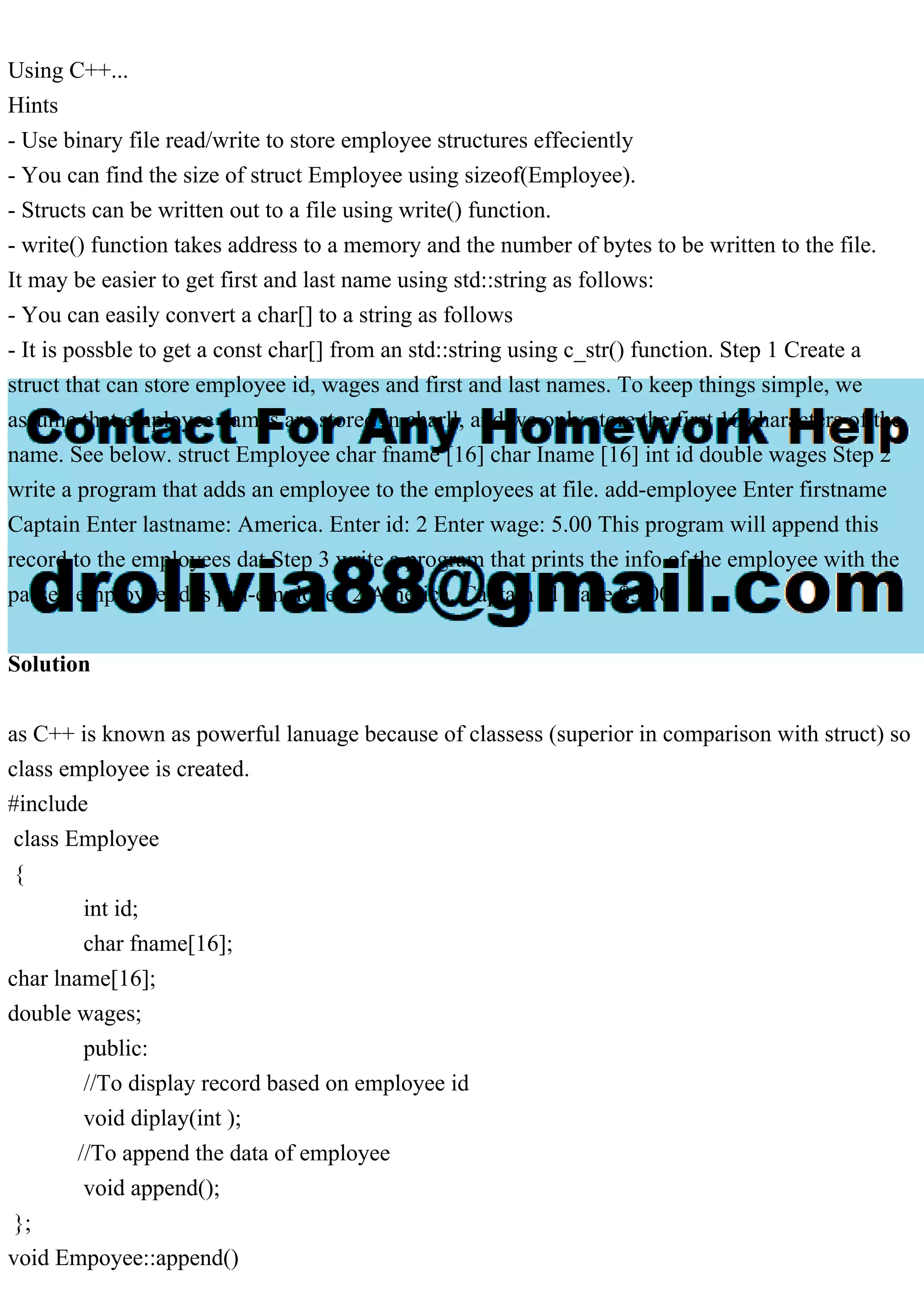 Using C++...Hints- Use binary file readwrite to store employee .pdf