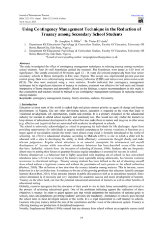Using contingency management technique in the reduction of truancy ...