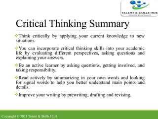 Using Critical Thinking Skills to be an Active Learner | PPT