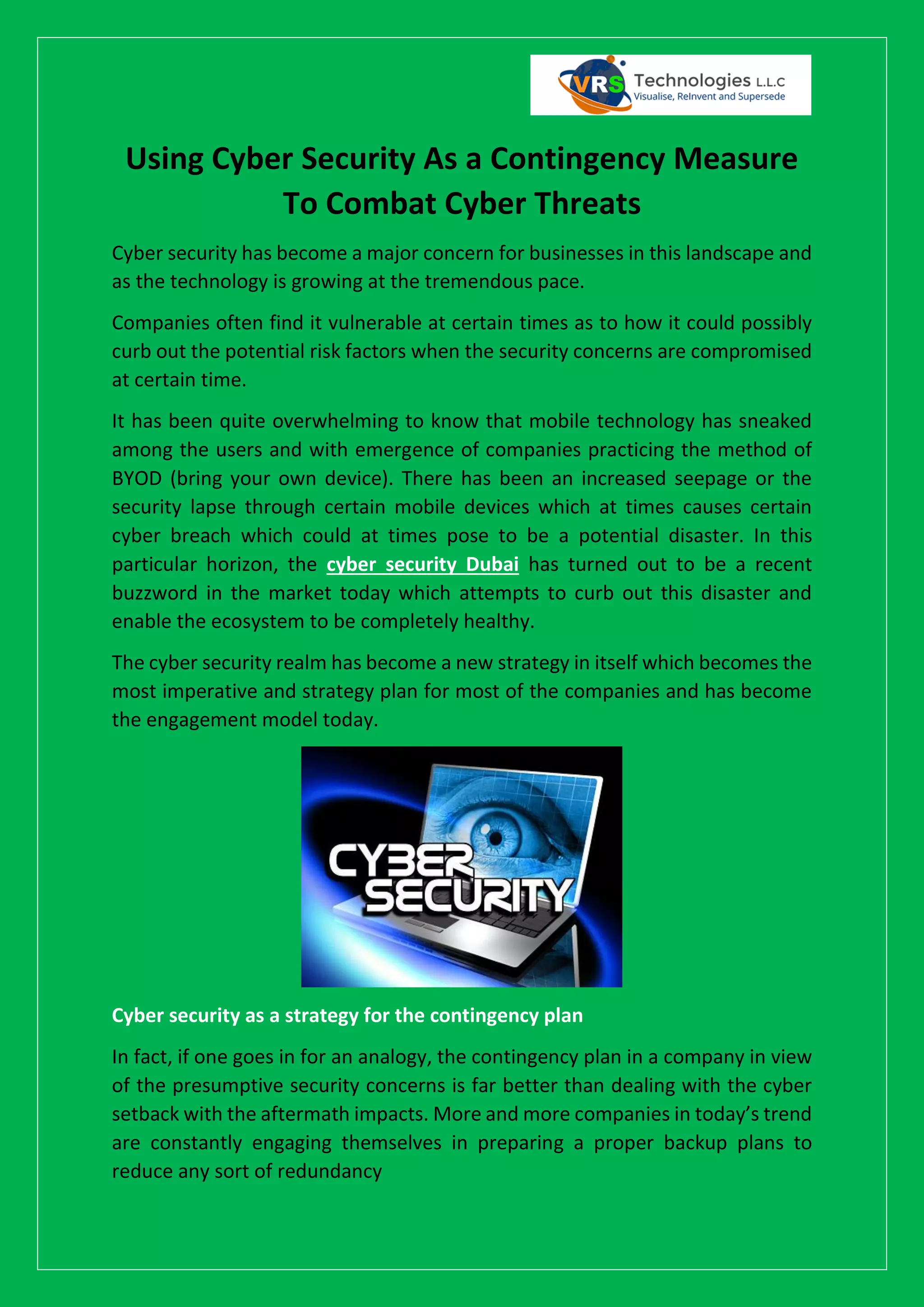 Using Cyber Security As a Contingency Measure To Combat Cyber Threats ...