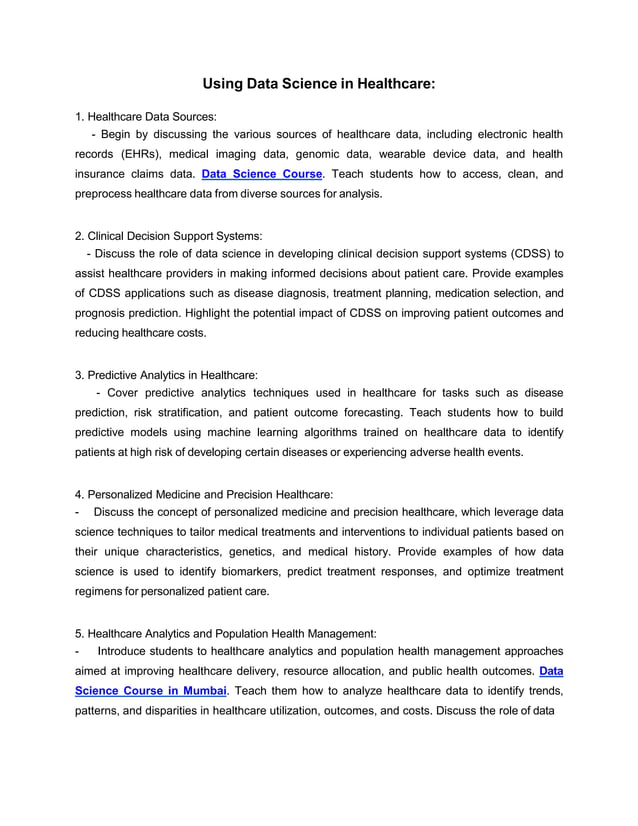 Using Data Science in Healthcare industry | PDF