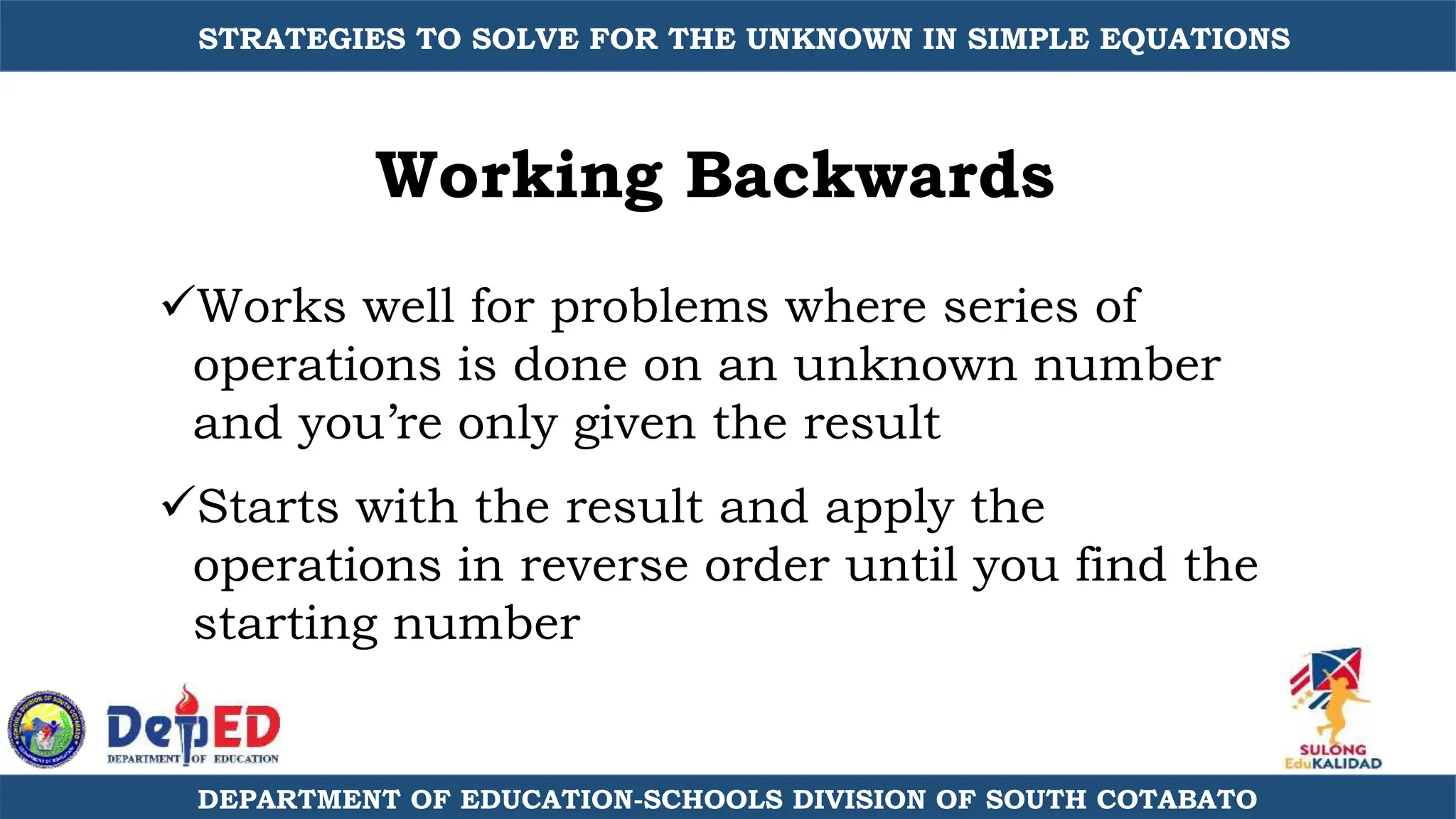 Using Different Strategies to Solve for the Unknown in Simple Equations ...