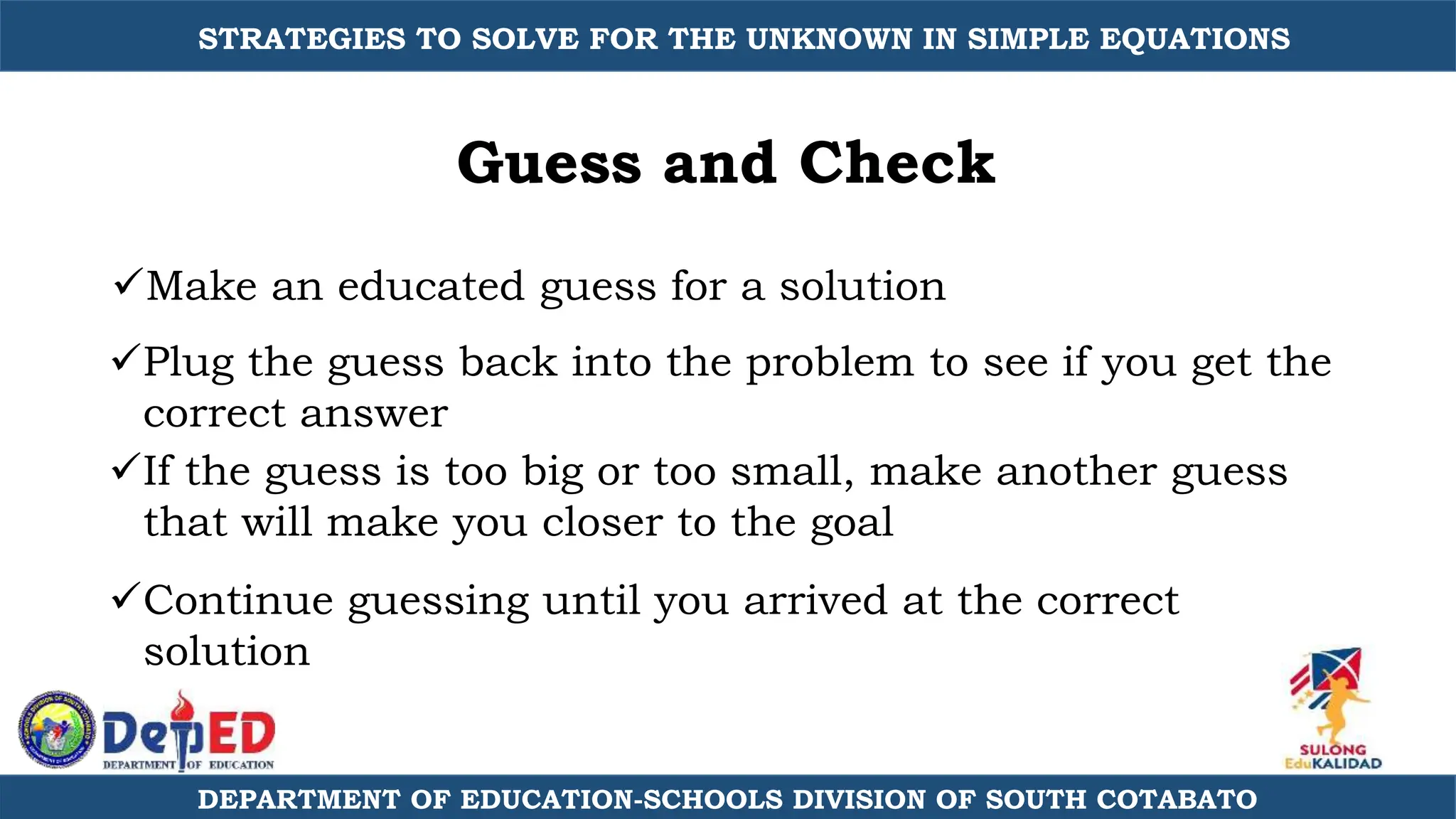 Using Different Strategies to Solve for the Unknown in Simple Equations ...