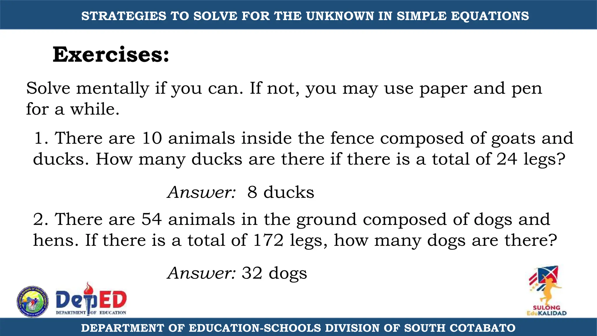Using Different Strategies to Solve for the Unknown in Simple Equations ...