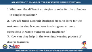 Using Different Strategies to Solve for the Unknown in Simple Equations ...
