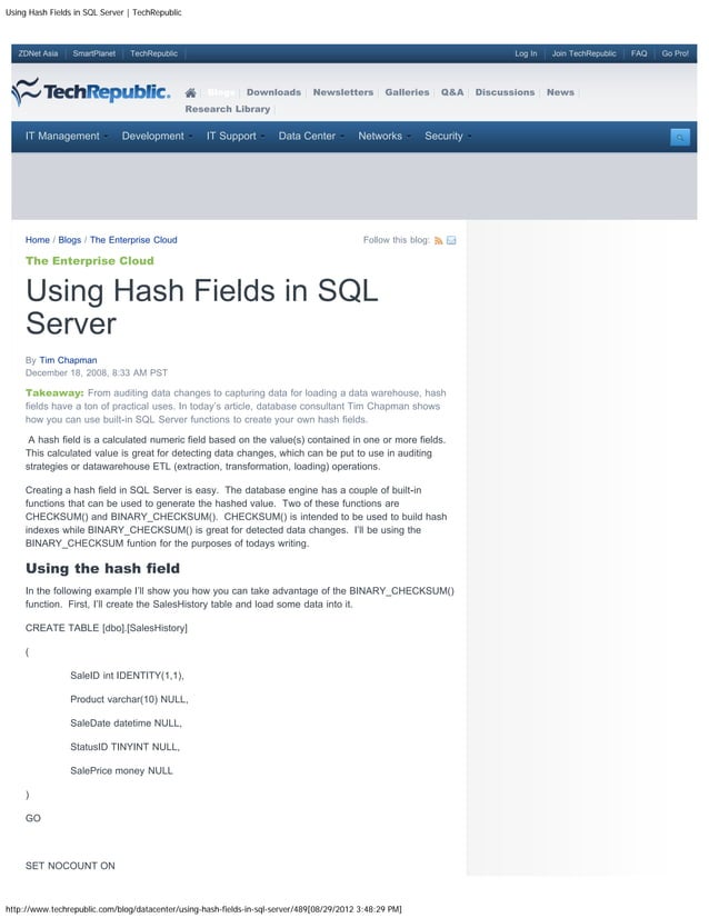 Using hash fields in sql server tech republic | PDF