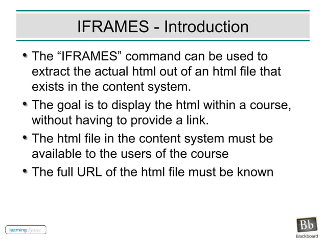 Using iframes coding in Bb CS | PPT