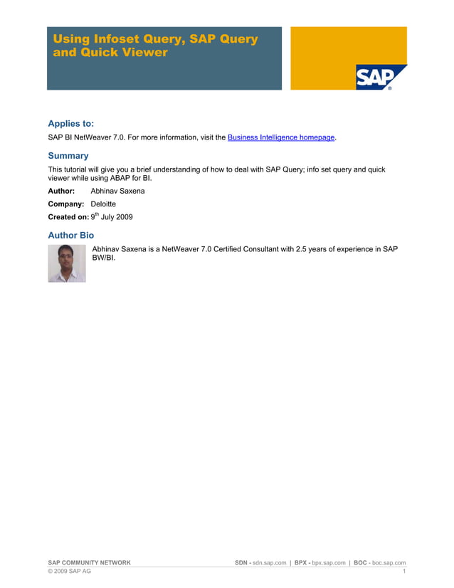 Using infoset query ,sap query and quick viewer | PDF
