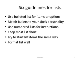 Using list and tables | PPTX | Technology & Computing