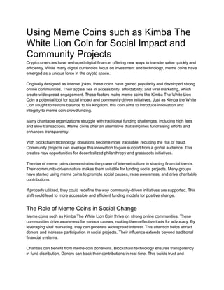 Using Meme Coins such as Kimba The White Lion Coin for Social Impact ...